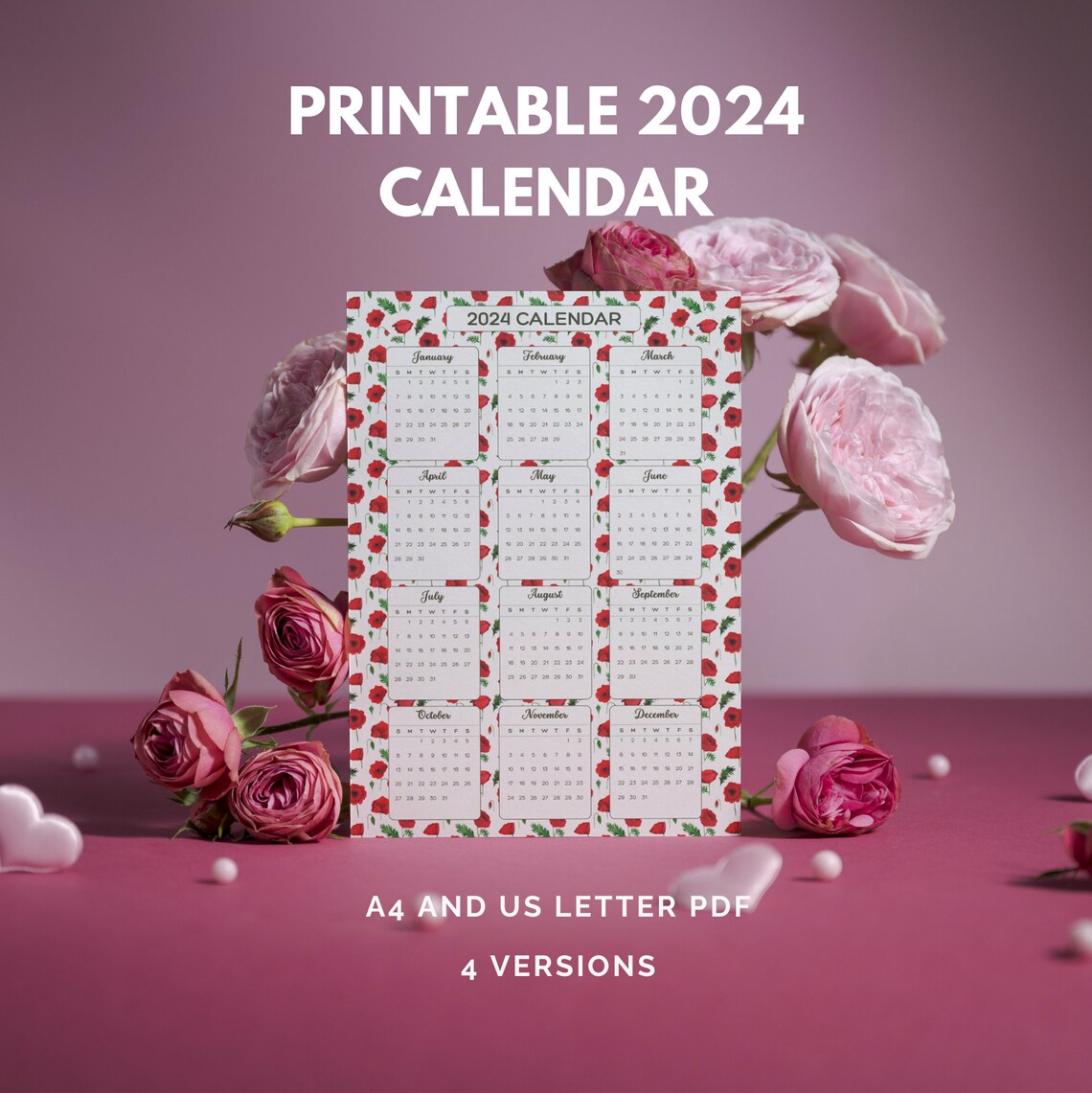 2024 Printable Wall Calendar 2024 Basic Printable Calendar A4 & US ...
