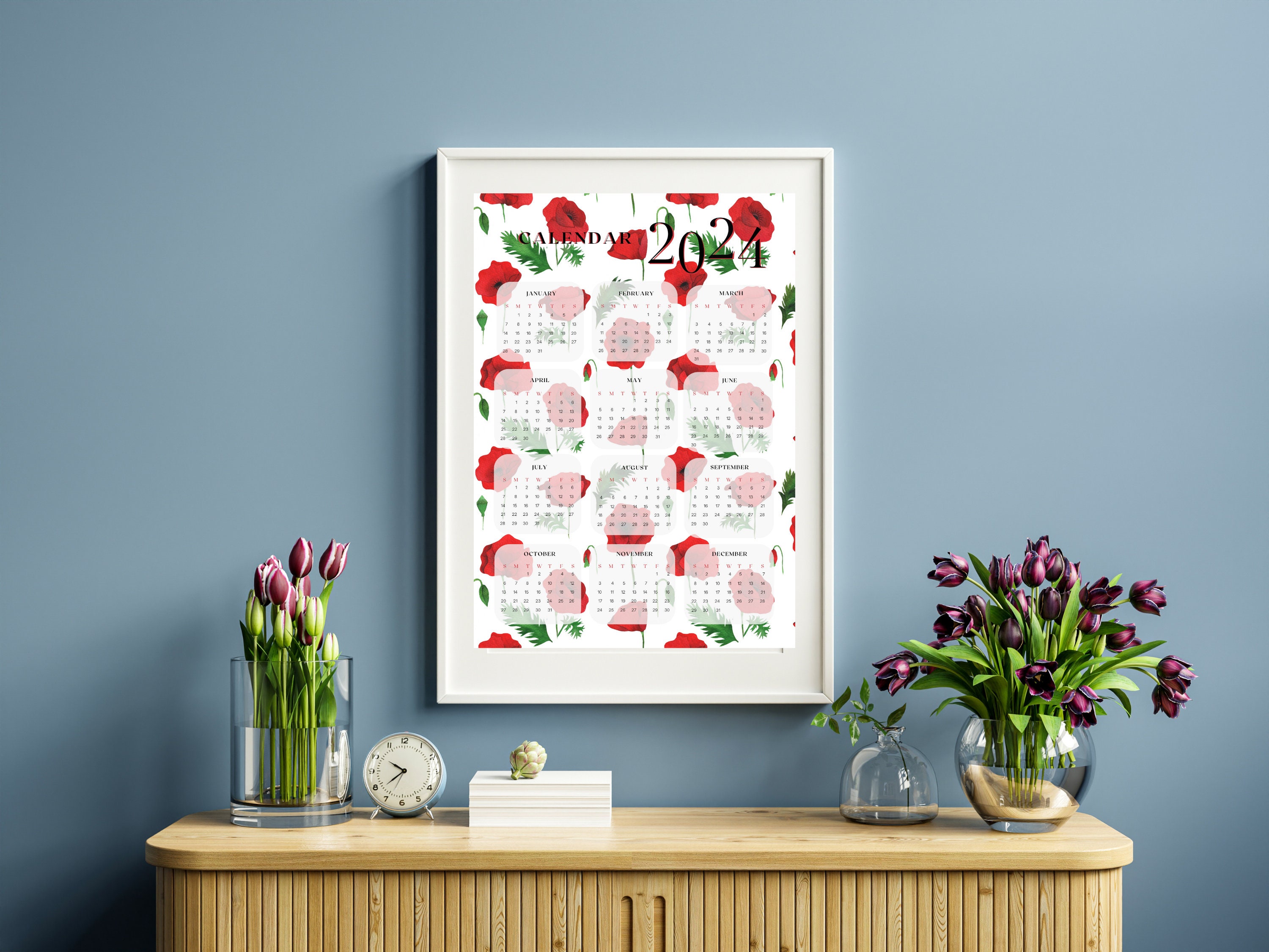 Printable Watercolor Illustrated 2024 One Page Calendar A4 & - Etsy