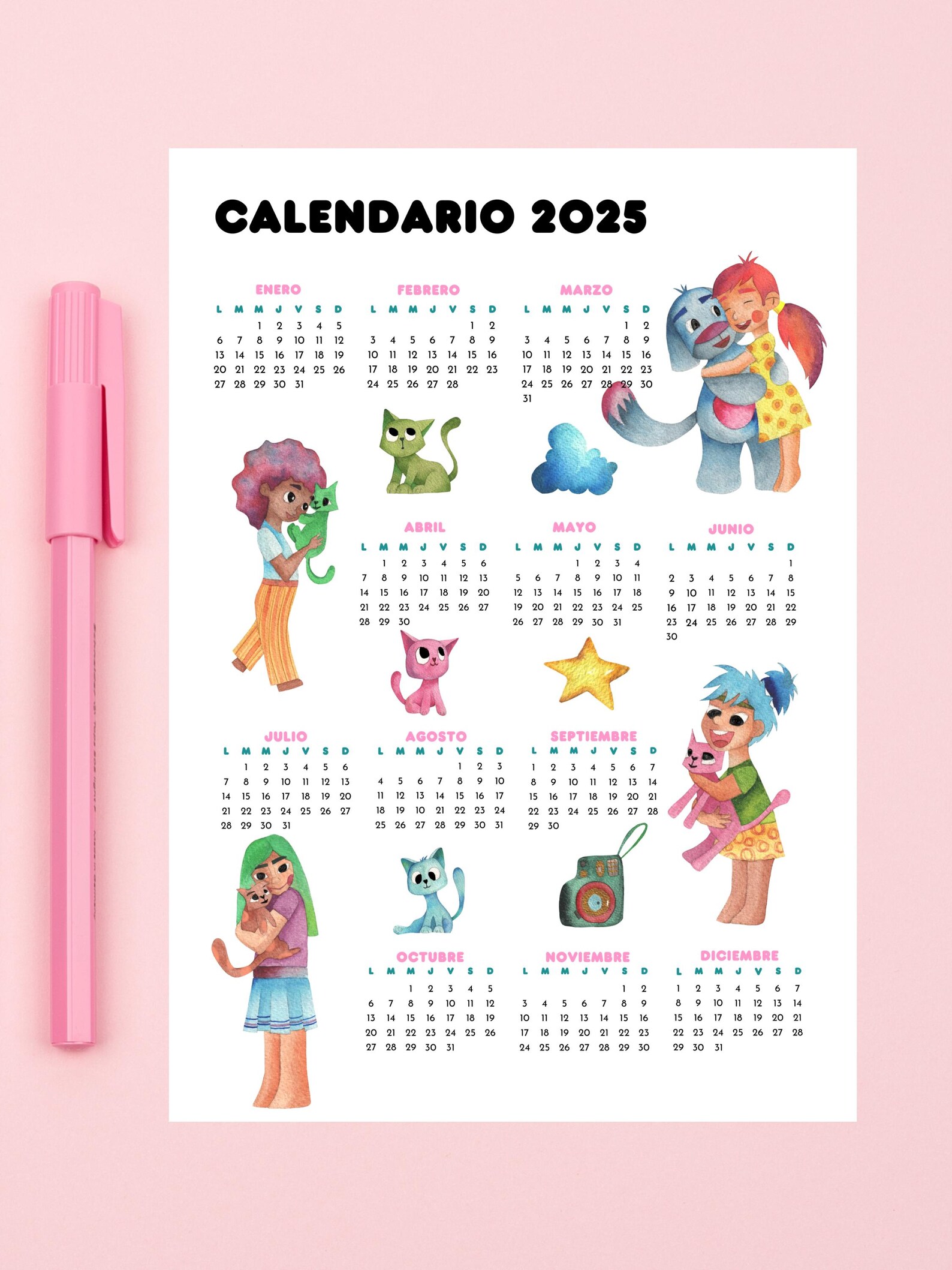 Printable 2025 Calendar | Cute Illustrated Cat Lovers | One Page ...