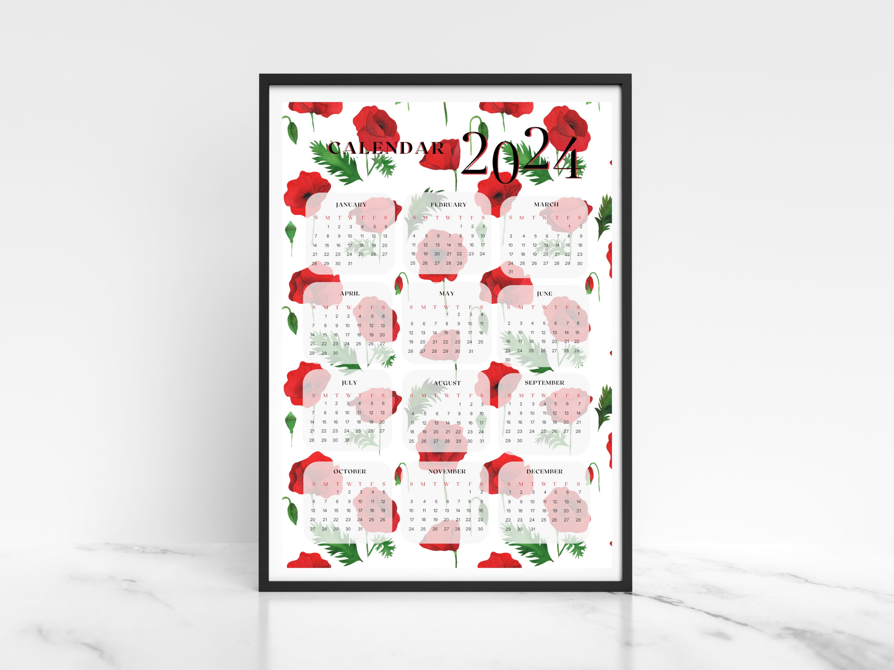 Printable Watercolor Illustrated 2024 One Page Calendar A4 & - Etsy