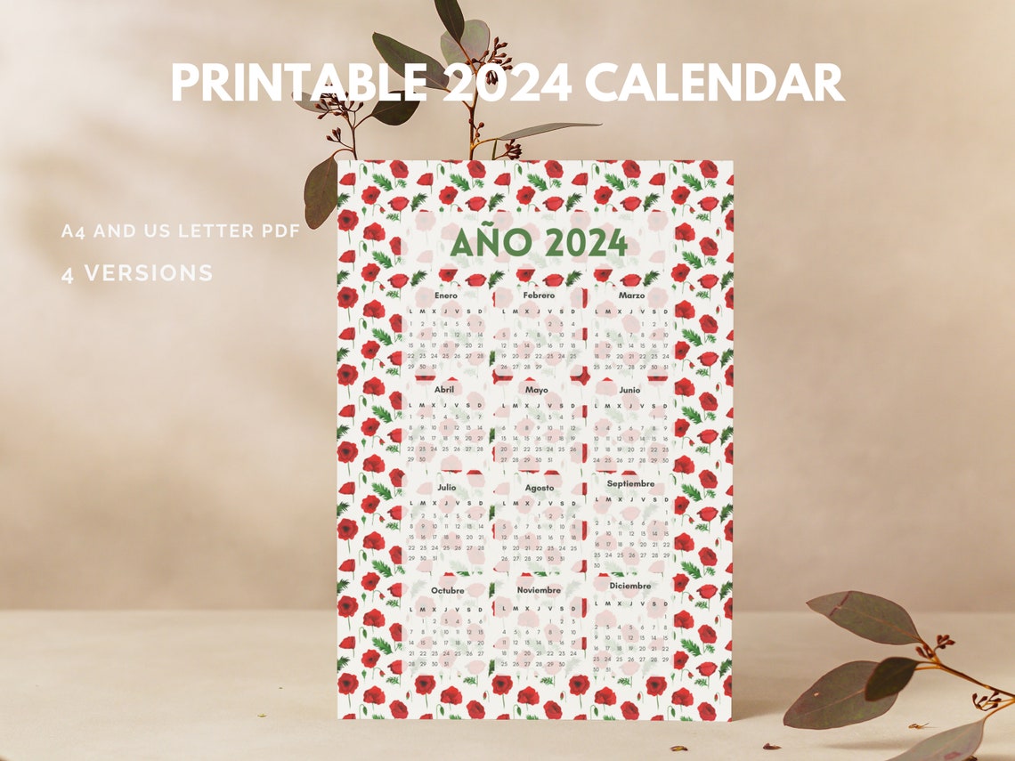 2024 Printable Wall Calendar 2024 One Page Calendar in Spanish A4 & US ...