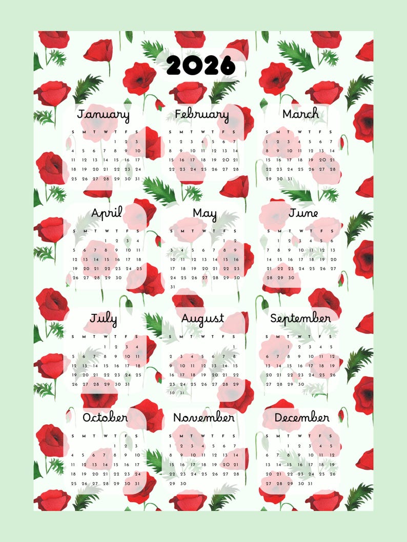 2026 Poppy Calendar Printable in English | A4 & US Letter | Red Flower ...