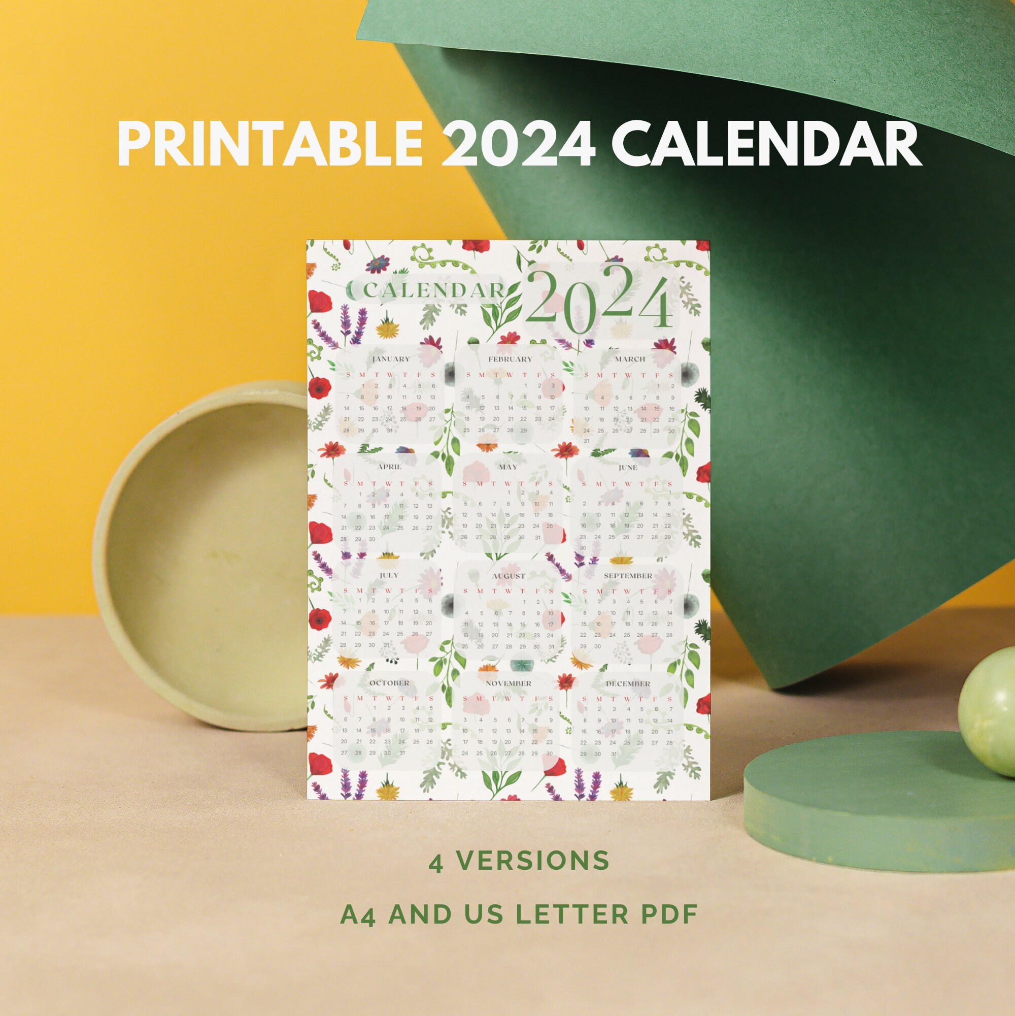 2024 Printable Wall Calendar Stylish Year Calendar A4 & US Letter Sizes ...