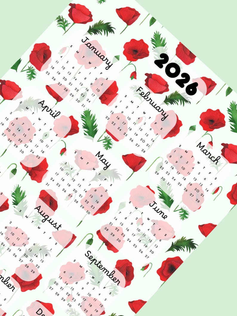 2026 Poppy Calendar Printable in English | A4 & US Letter | Red Flower ...