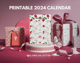 Printable Watercolor Illustrated 2024 One Page Calendar A4 & - Etsy