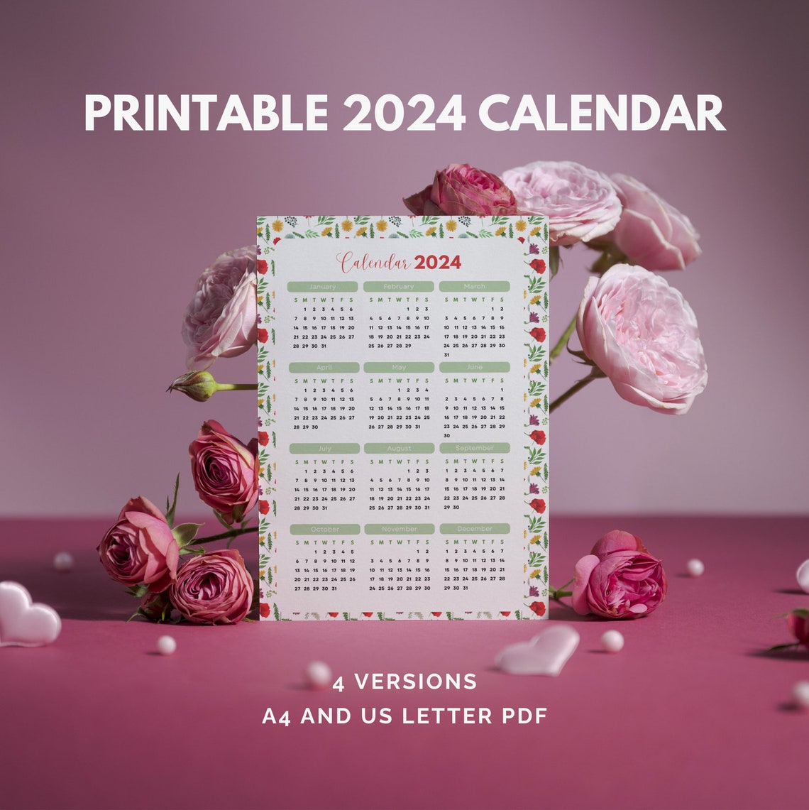 2024 Printable Wall Calendar Stylish Year Calendar A4 & US Letter Sizes ...