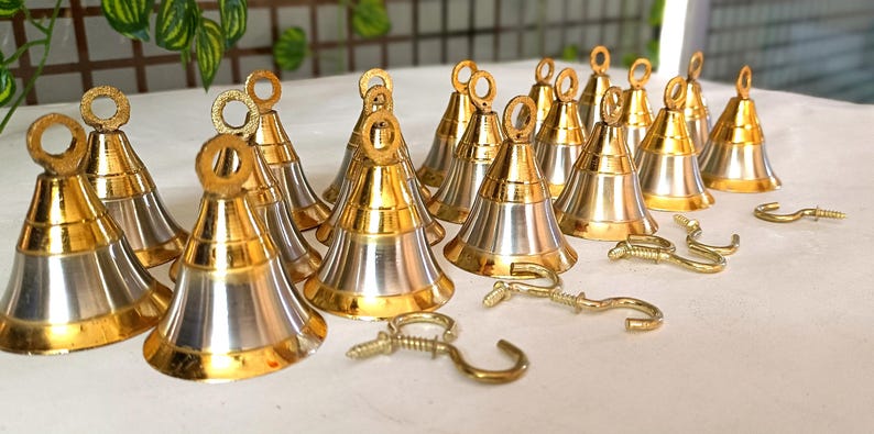 Buy 50 Christmas Decor Brass Bells Golden Wall Hanging for Pooja Mandir ...