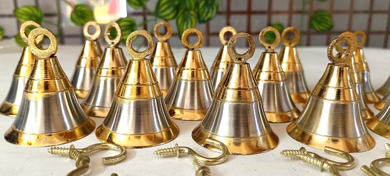 Buy 50 Christmas Decor Brass Bells Golden Wall Hanging for Pooja Mandir ...