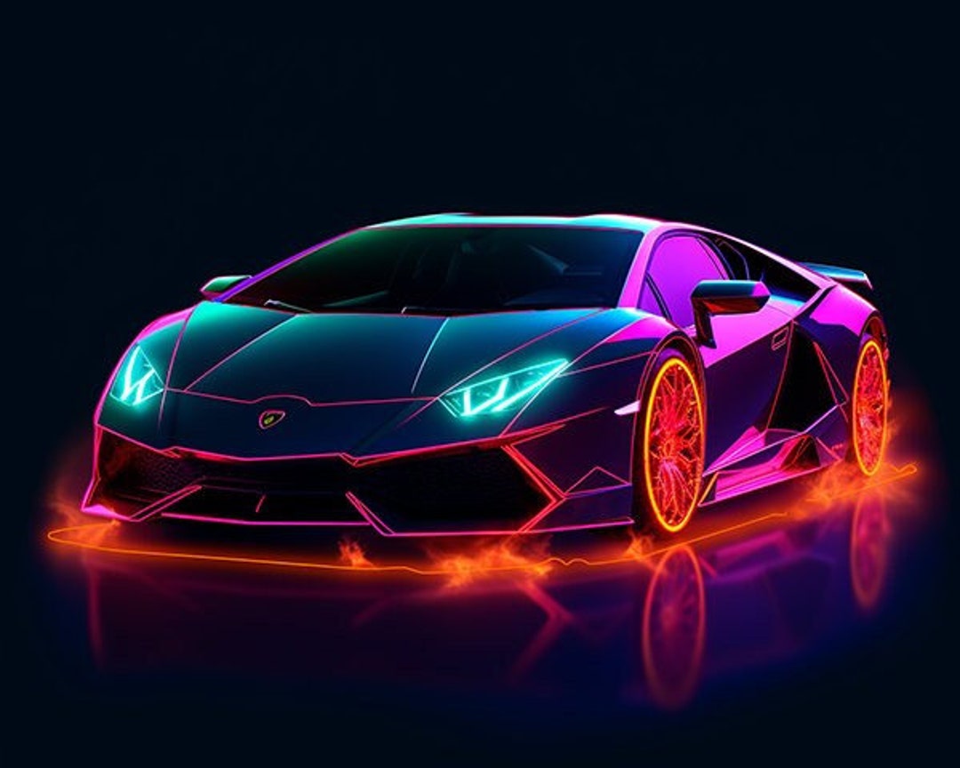 Lamborghini Neon, Digital Art, Digital Print, Neon Car, Neon Lights ...