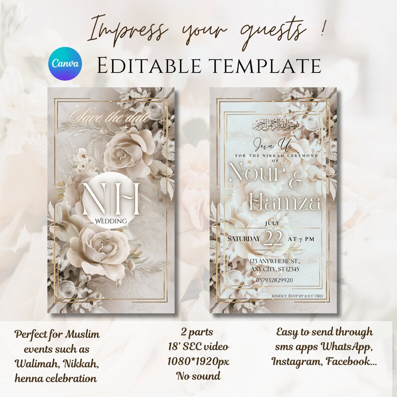 Muslim Wedding Animated Invitation| Beige&gold|floral|2 Parts| Nikkah ...
