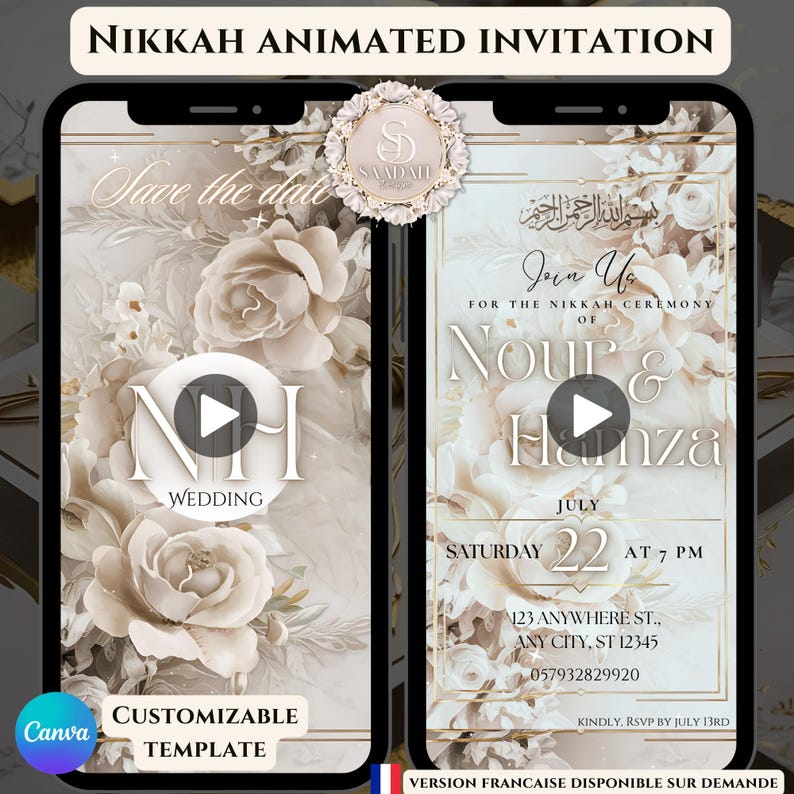 Muslim Wedding Animated Invitation| Beige&gold|floral|2 Parts| Nikkah ...