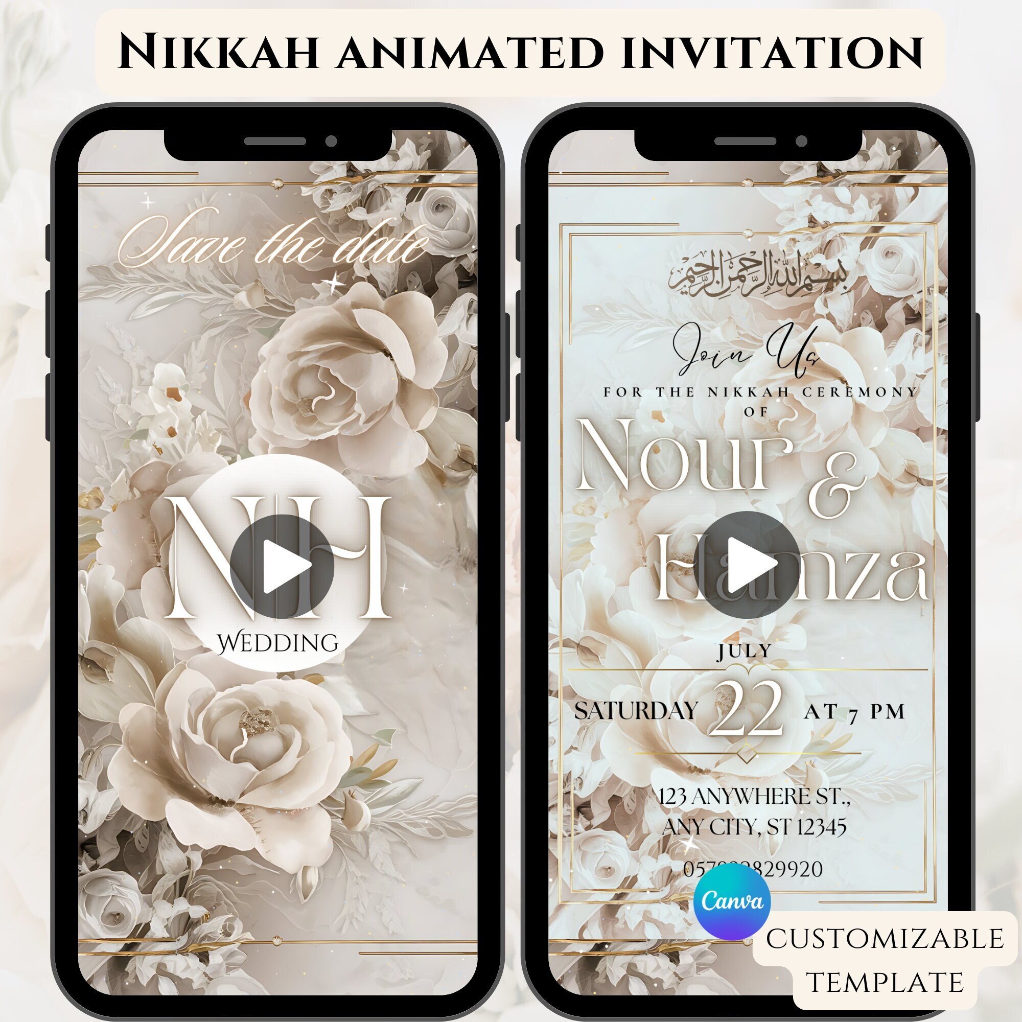 Muslim Wedding Animated Invitation| Beige&gold|floral|2 Parts| Nikkah ...