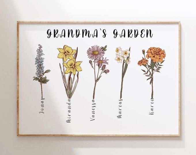 Birth Flower Family Bouquet, Birth Month Flower Art Custom, Hand Drawn ...