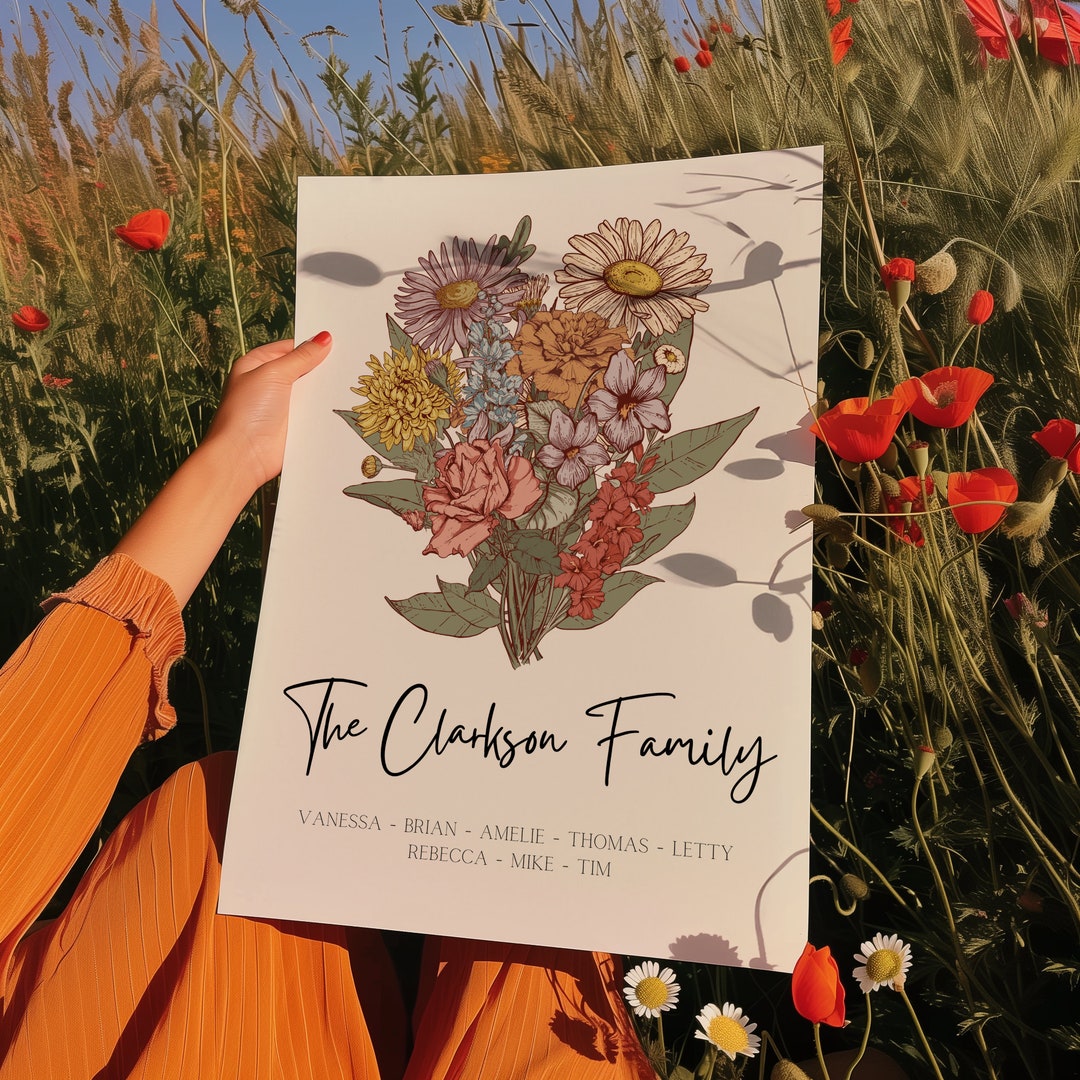 Birth Flower Family Bouquet, Birth Month Flower Art Custom, Hand Drawn ...