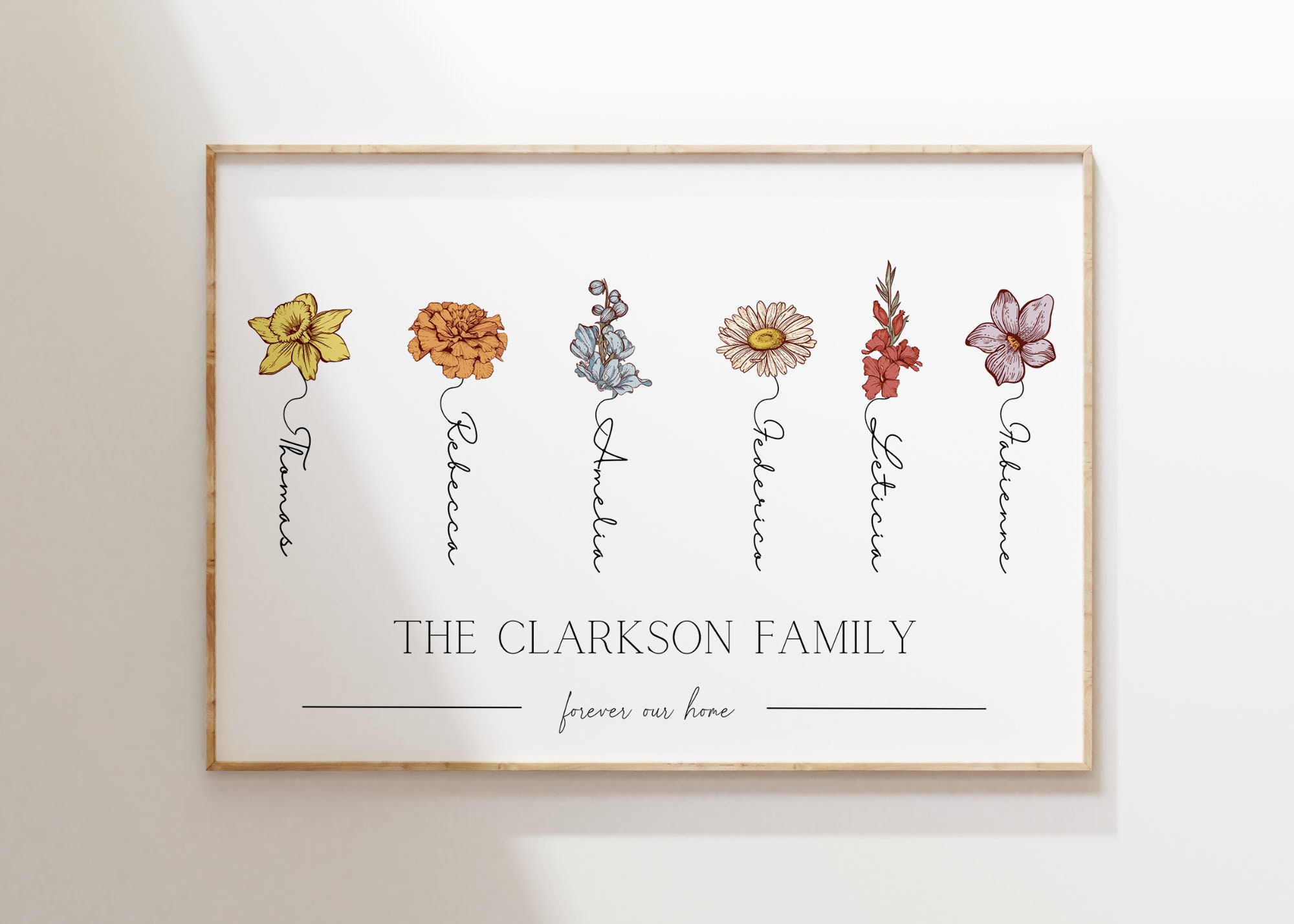 Birth Flower Family Bouquet, Birth Month Flower Art Custom, Hand Drawn ...