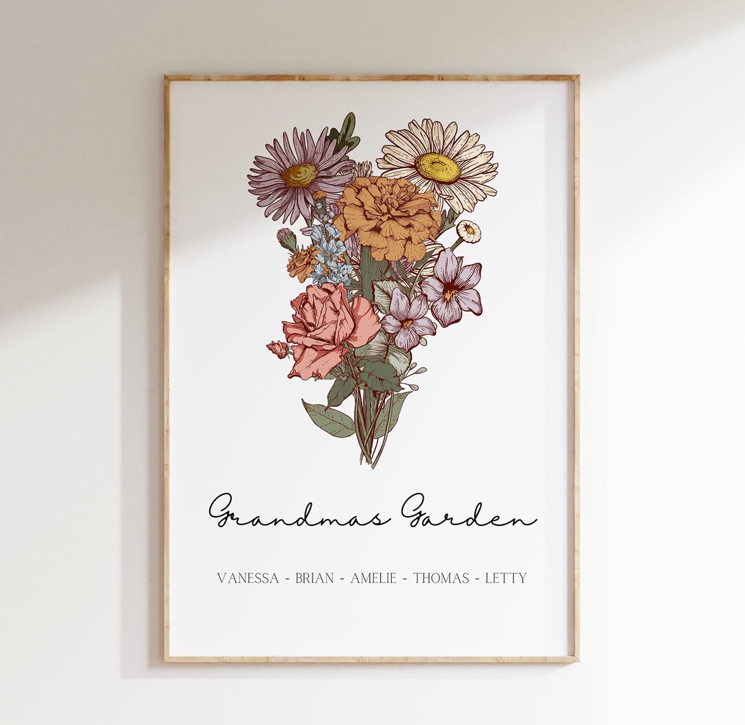Birth Flower Family Bouquet, Birth Month Flower Art Custom, Hand Drawn ...