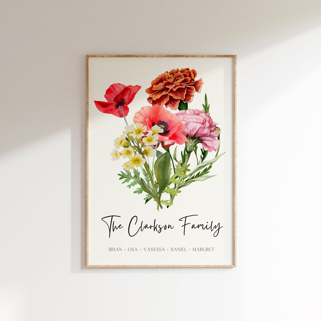Birth Flower Family Bouquet, Birth Month Flower Art Custom, Hand Drawn ...