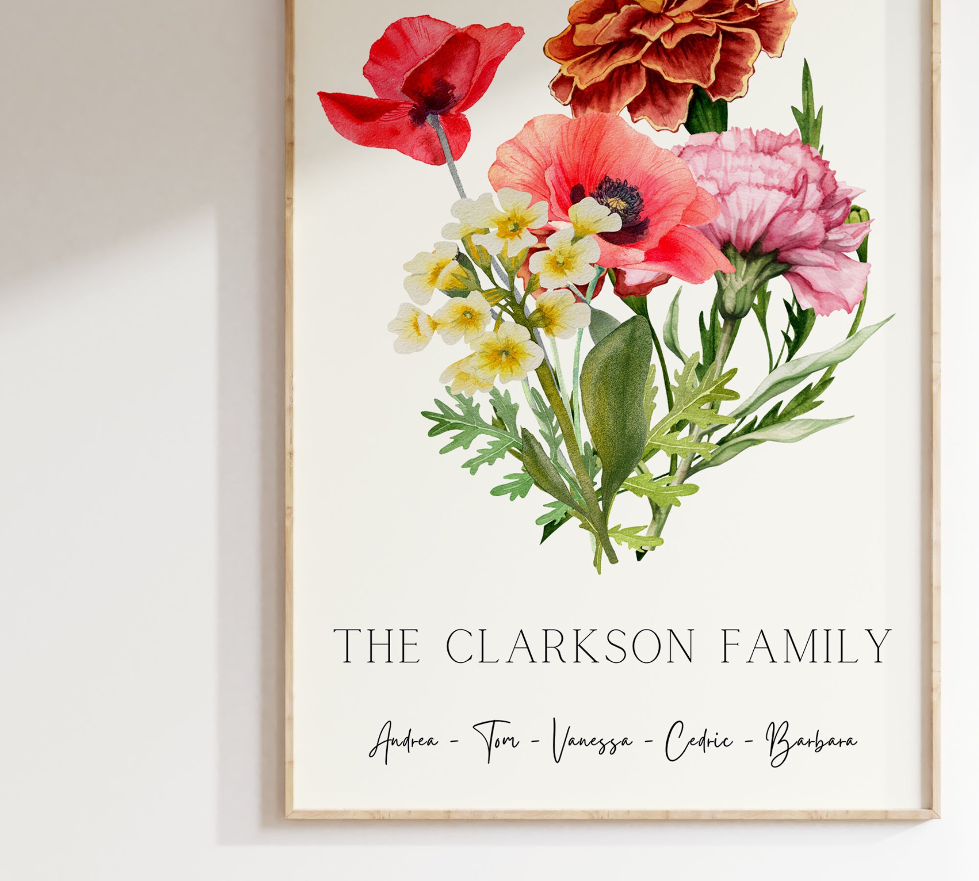 Birth Flower Family Bouquet, Birth Month Flower Art Custom, Hand Drawn ...