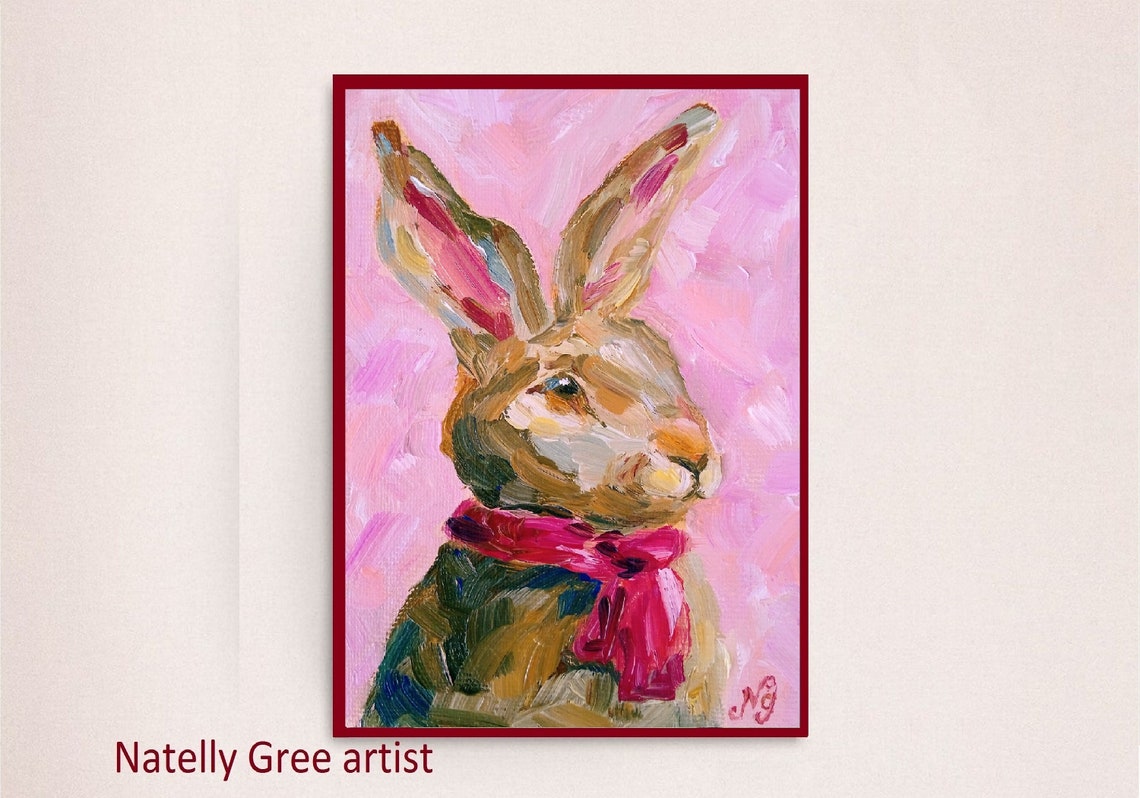 Rabbit Oil Painting Bunny Original Art Canvas Bunny Pink Impressionist ...