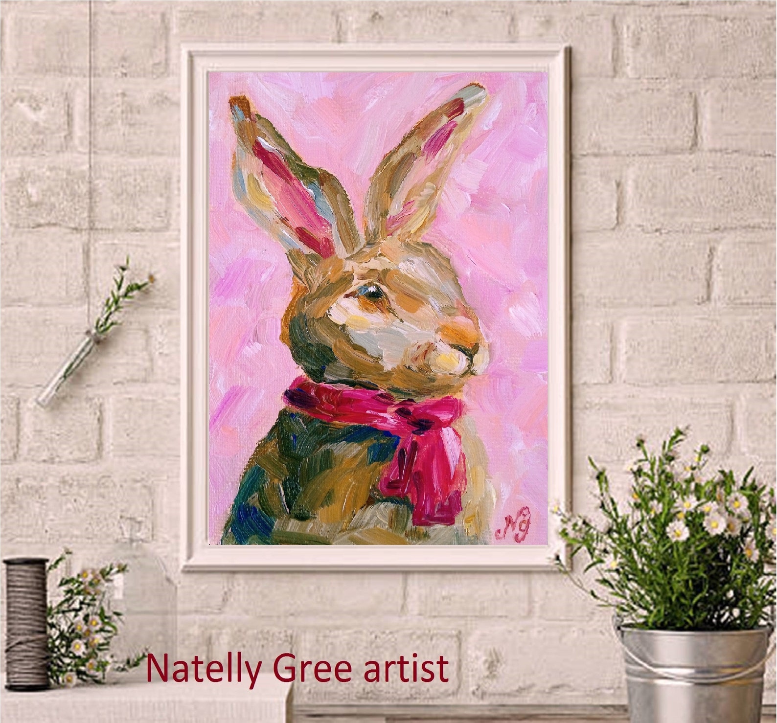 Rabbit Oil Painting Bunny Original Art Canvas Bunny Pink Impressionist ...