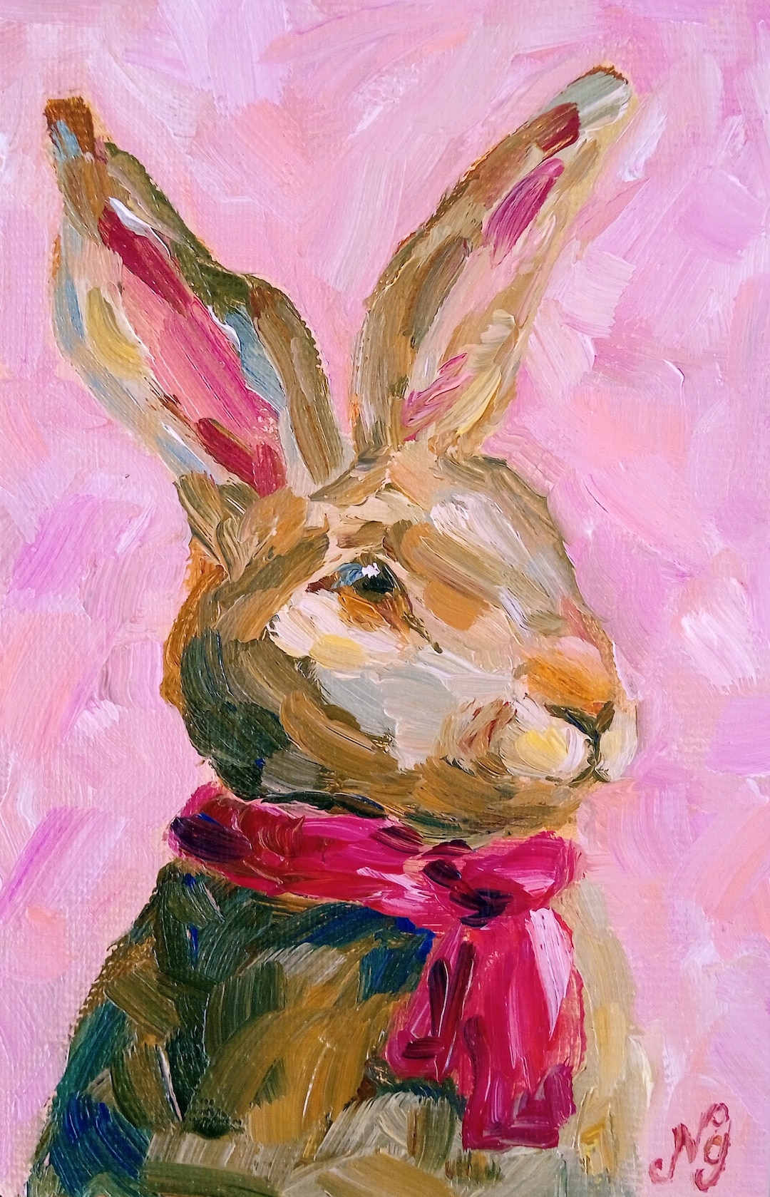 Rabbit Oil Painting Bunny Original Art Canvas Bunny Pink Impressionist ...