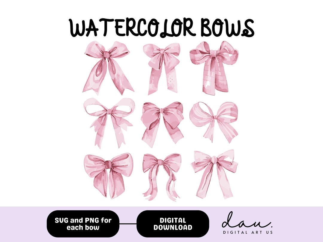 Pink Bow SVG Clipart Watercolor Ribbon Bow PNG Coquette Bow Digital ...