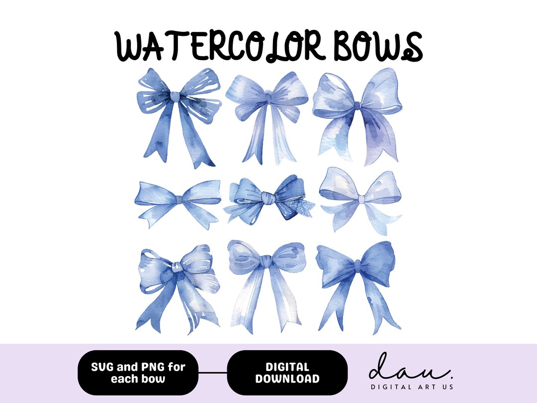 Blue Watercolor Bow Clipart, Ribbon Bows (SVG & PNG) - Etsy
