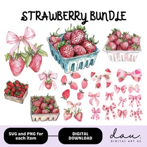 Strawberry SVG Bundle Clipart Watercolor Ribbon Bow PNG Coquette Bow ...