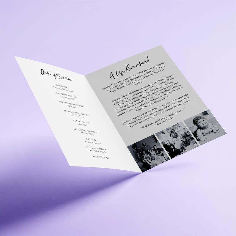 Editable Funeral Program Canva Template Simple Bifold Memorial Service ...