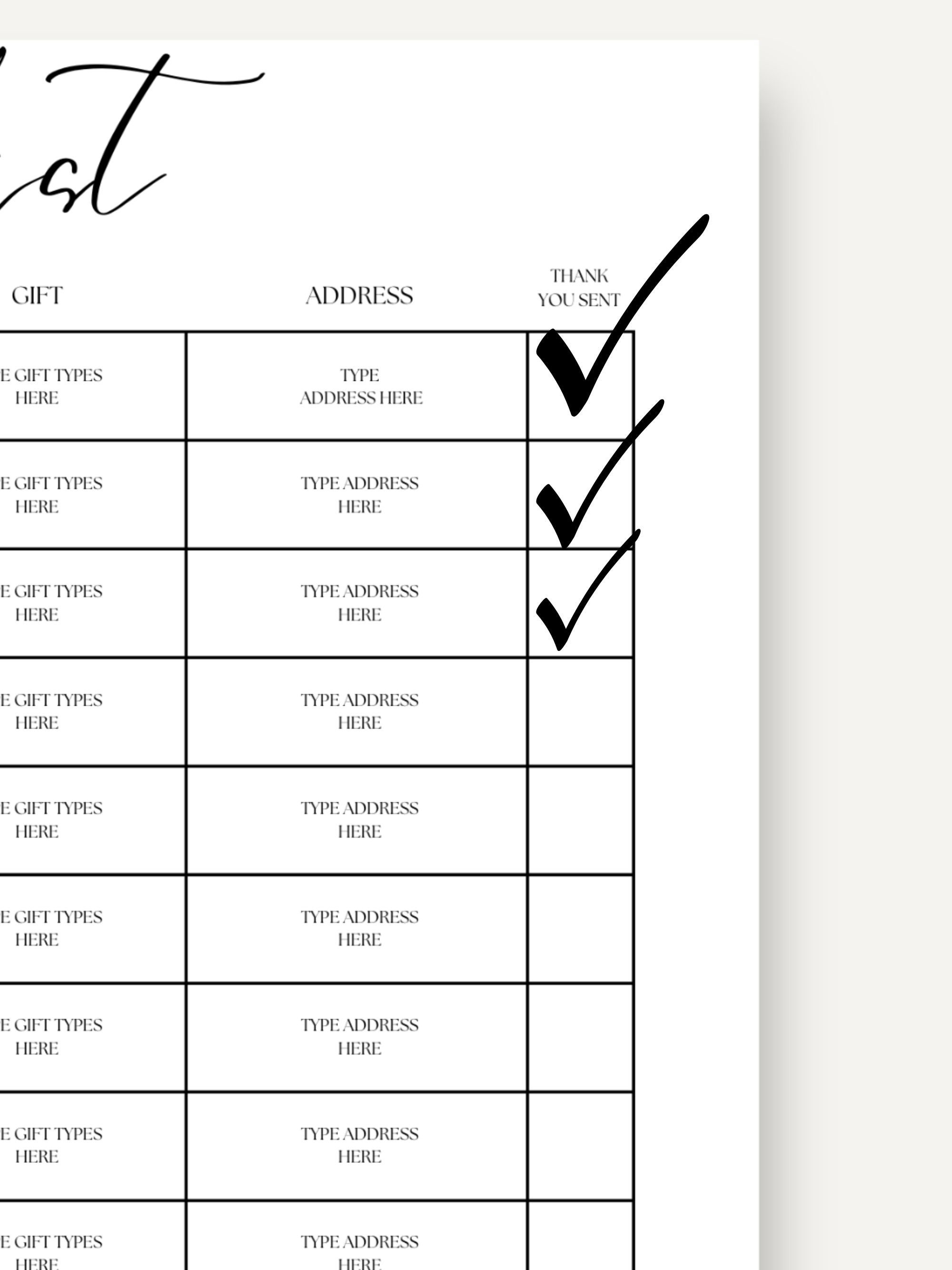 Printable Gift Tracker Template for Wedding Thank You Notes Editable ...