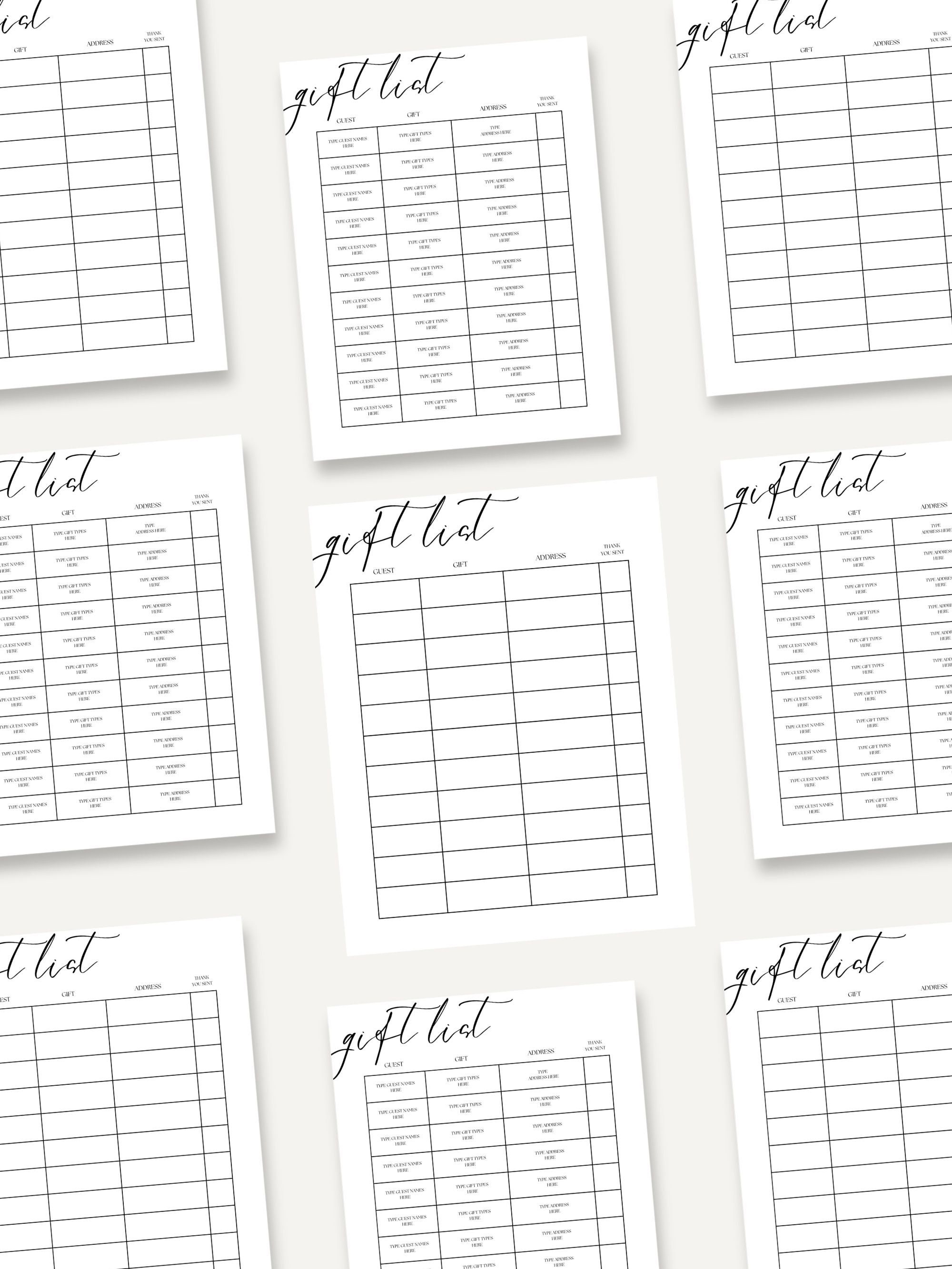 Printable Gift Tracker Template for Wedding Thank You Notes Editable ...