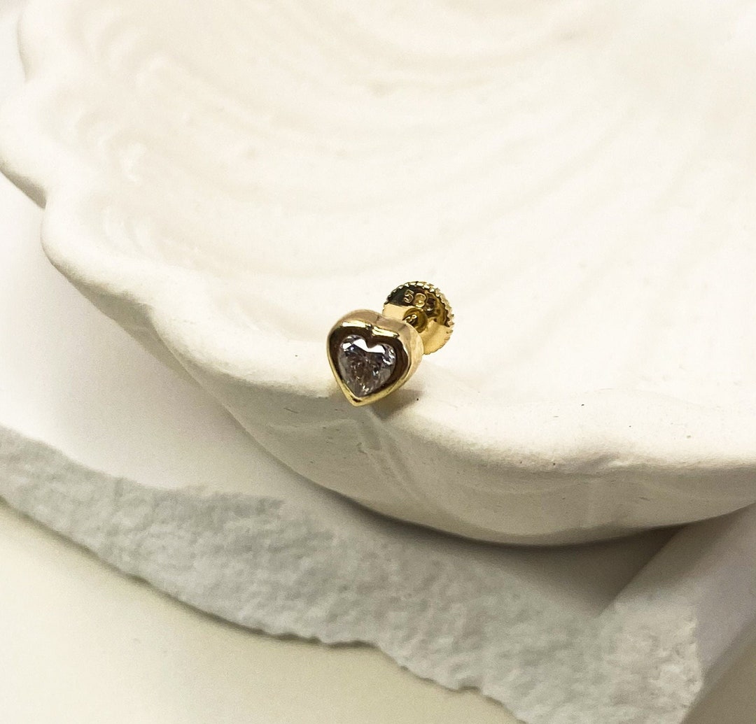 14K Solid Gold Pave Heart Helix Piercing: CZ Tragus Earring - Etsy