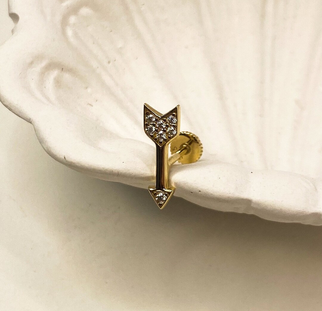 14K Solid Gold Pave Arrow Helix Piercing, Cz Stone Tragus Piercing ...