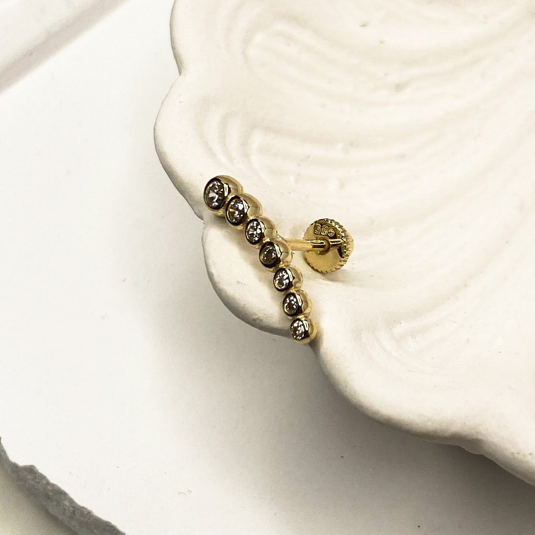 14K Solid Gold Pave Curved Ring Helix Piercing, Cz Tragus Piercing ...