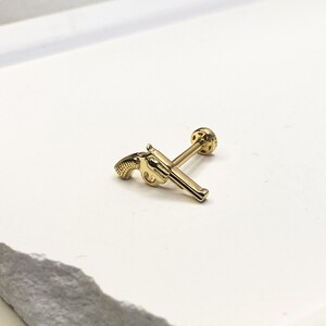 14K Solid Gold Minimal Gun Tragus Piercing, Cz Tragus Piercing, Daith ...