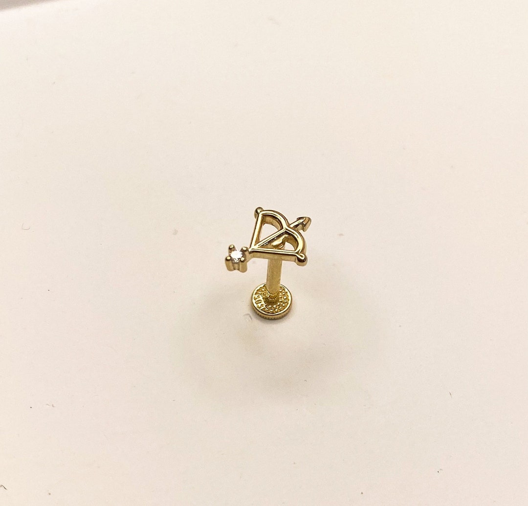14K Solid Gold Minimal Bow and Arrow Tragus Piercing, Cz Tragus ...