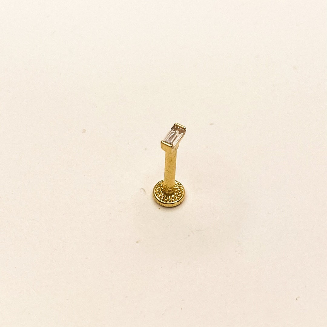 14K Solid Gold Single Baguette Cut Shape Tragus Piercing, Cz Tragus ...