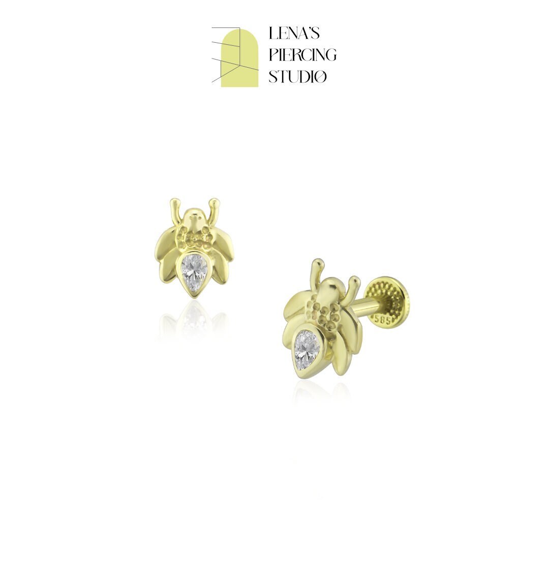 14K Solid Gold Bee Tragus Piercing: CZ Pave Animal Earring - Etsy