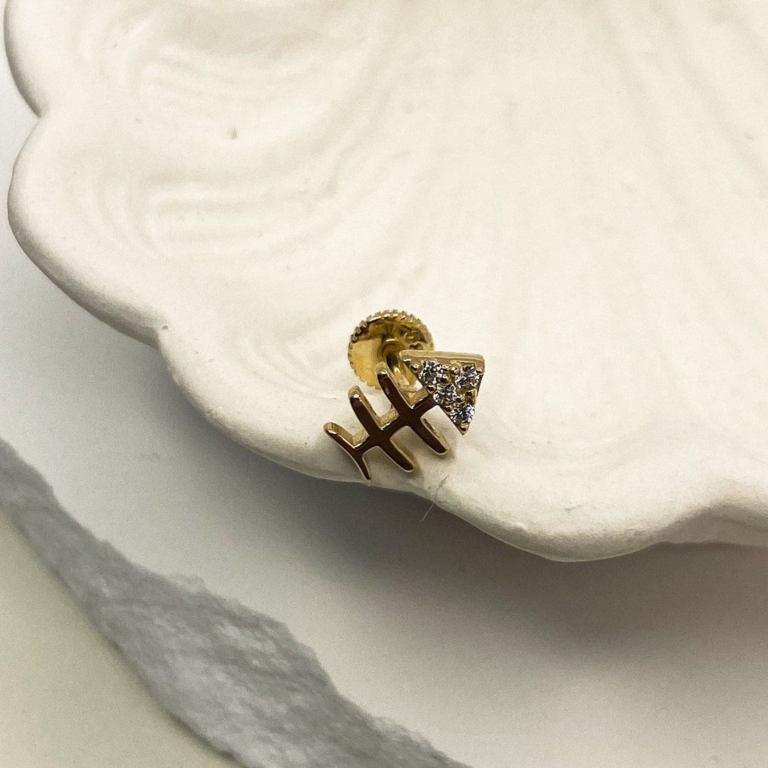 14K Solid Gold Fish Bone Helix Piercing, Cz Tragus Piercing, Daith ...