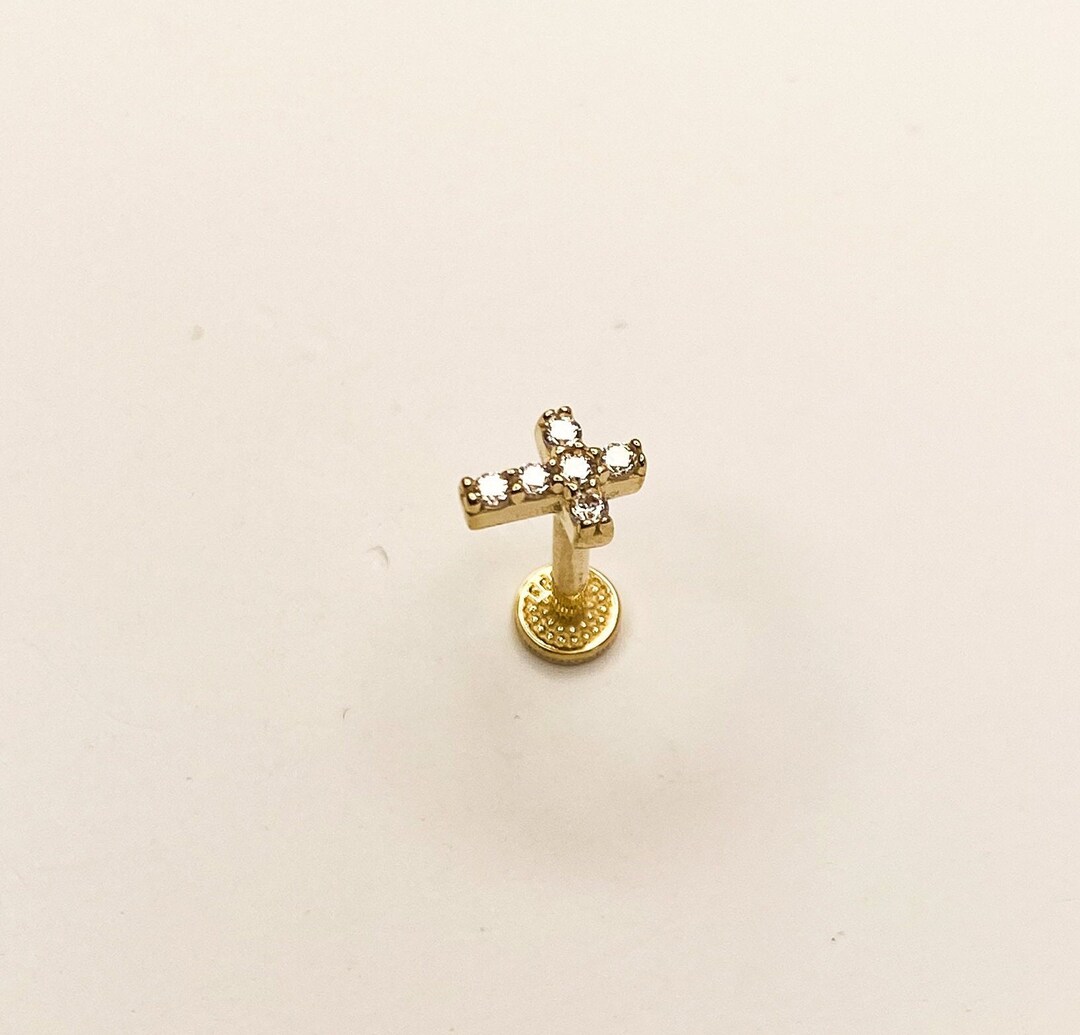 14K Solid Gold Pave Cross Tragus Piercing, Cz Tragus Piercing, Daith ...