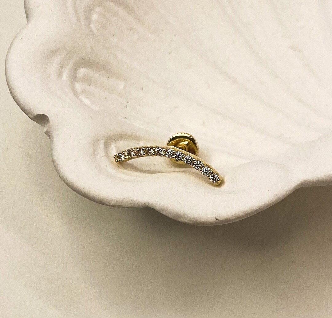 14K Solid Gold Minimal Pave Curved Helix Piercing, Cz Tragus Piercing ...