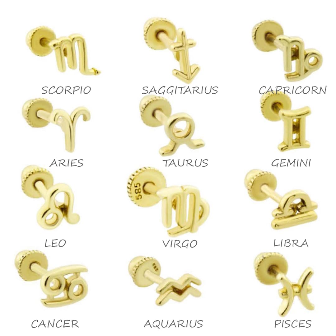 14K Solid Gold Zodiac Sign Piercing: Helix, Conch, Tragus - Etsy