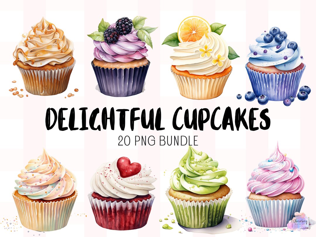 Delightful Watercolor Cupcake Clipart Bundle - 20 Pngs With Transparent ...