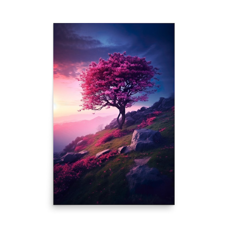 Cherry Tree Poster Japanese Art Cherry Tree Mountain Art View Nature ...