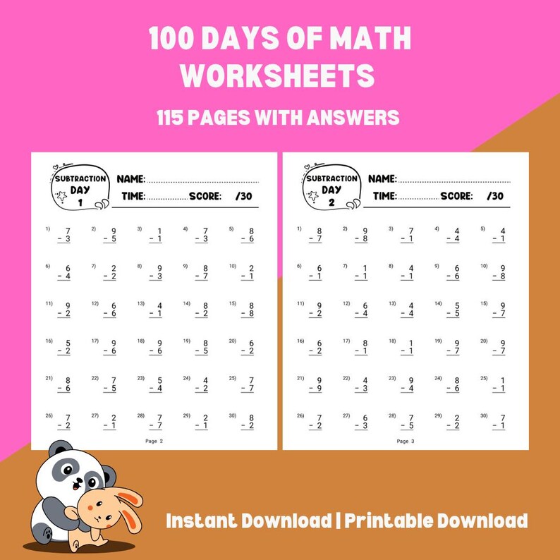 100 Days Math Worksheet | Single Digit Subtraction Math Workbook for ...