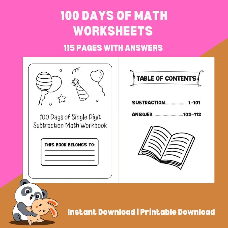 100 Days Math Worksheet | Single Digit Subtraction Math Workbook for ...