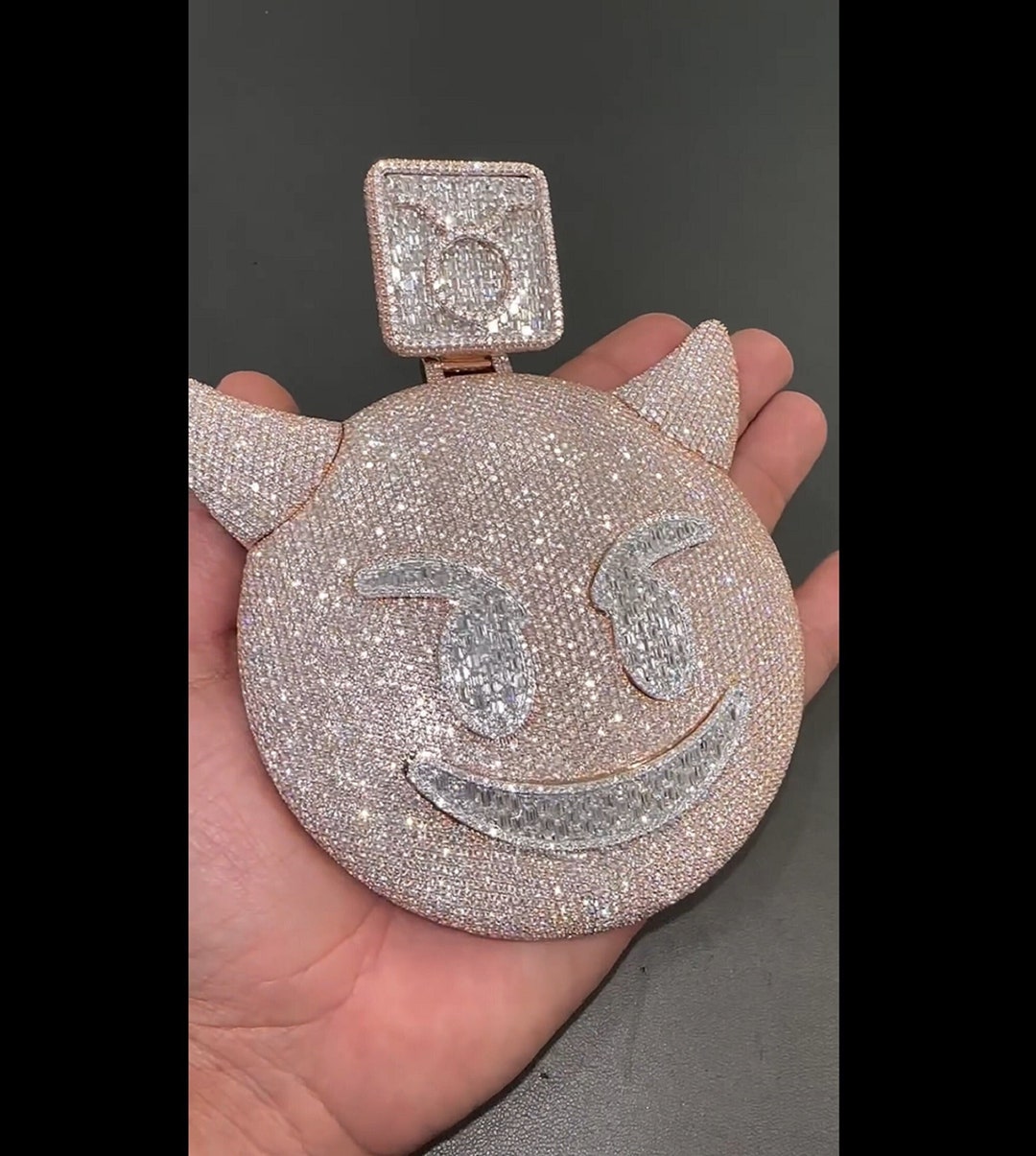 Solid 925 Sterling Silver Iced Out Demon Emoji Pendant Hip Hop Devil ...