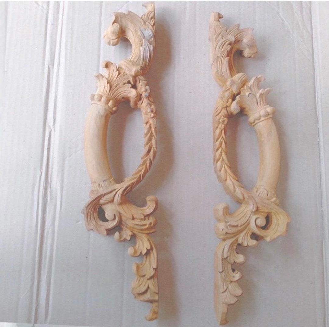 2 PIECES Flower Solid Teak Wood Door Handle. Vintage Carve Flower ...