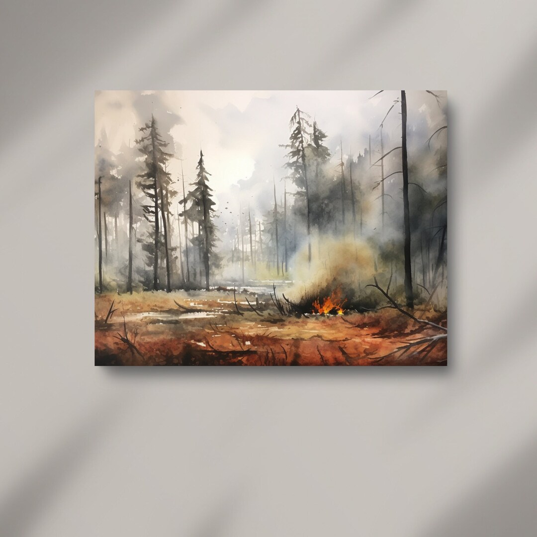 Forest Fire Painting Panoramic Wall Art, Watercolor Abstract Nature ...