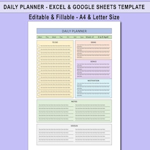 Printable Daily Planner Editable Fillable. EXCEL and Google Sheets ...